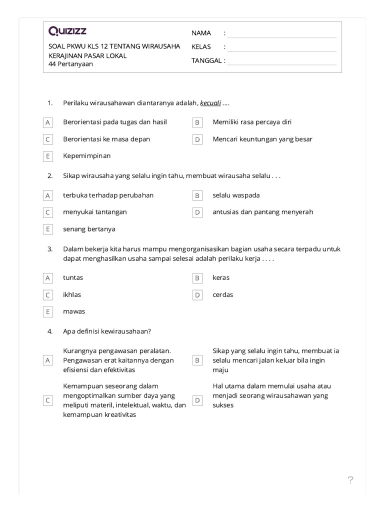 Soal Pkwu KLS 12 Tentang Wirausaha Kerajinan Pasar Lokal | PDF