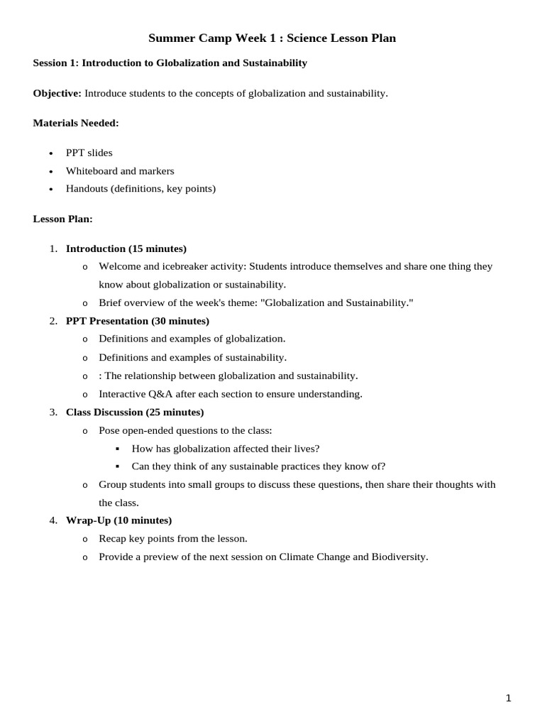 Sciences Summer Camp Week 1 Lesson Planning | PDF