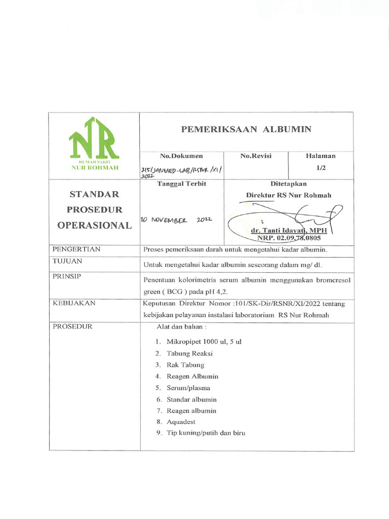 Spo Pemeriksaan Albumin (Lab) | PDF
