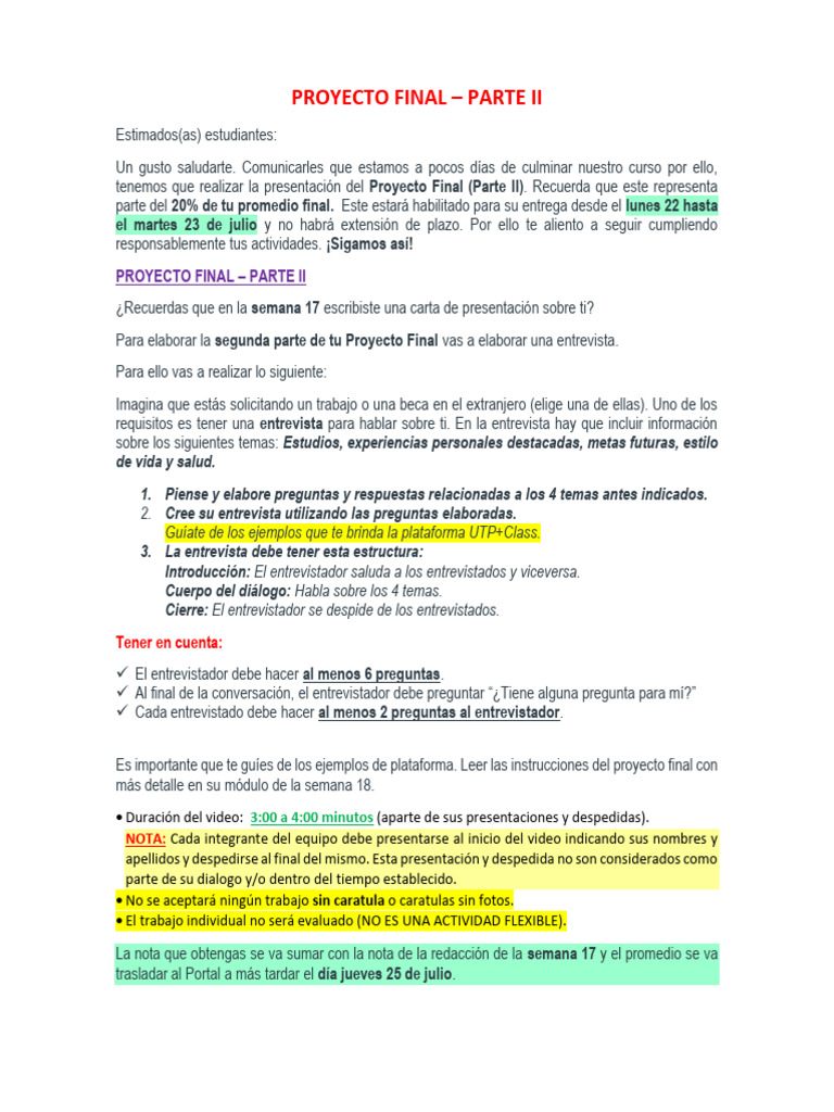 Ingles 4 - Proyecto Final Parte Ii | PDF