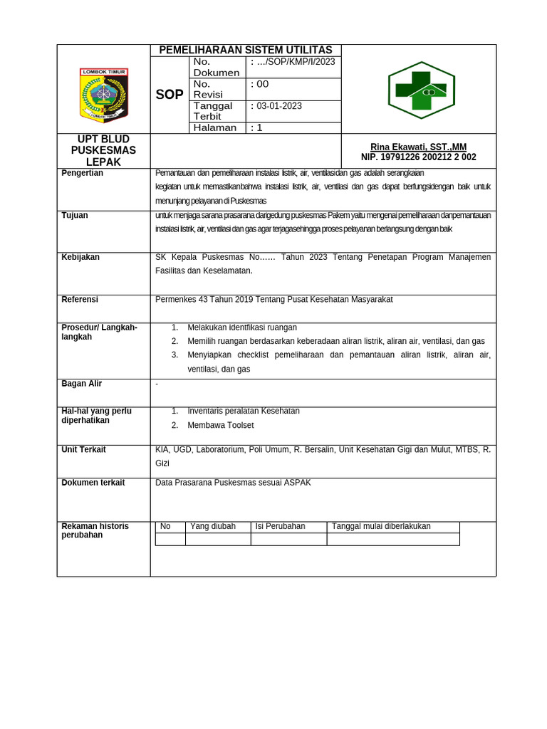 Sop Pemeliharaan Utilitas | PDF