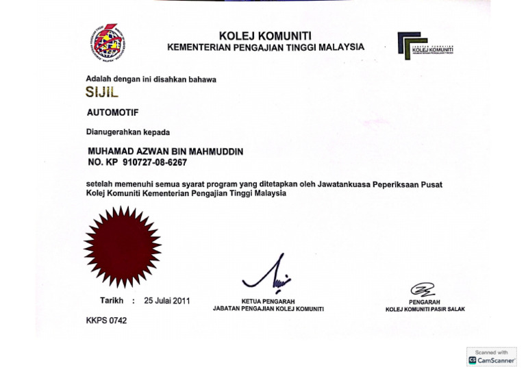 Sijil Kolej Komunit Azwan | PDF