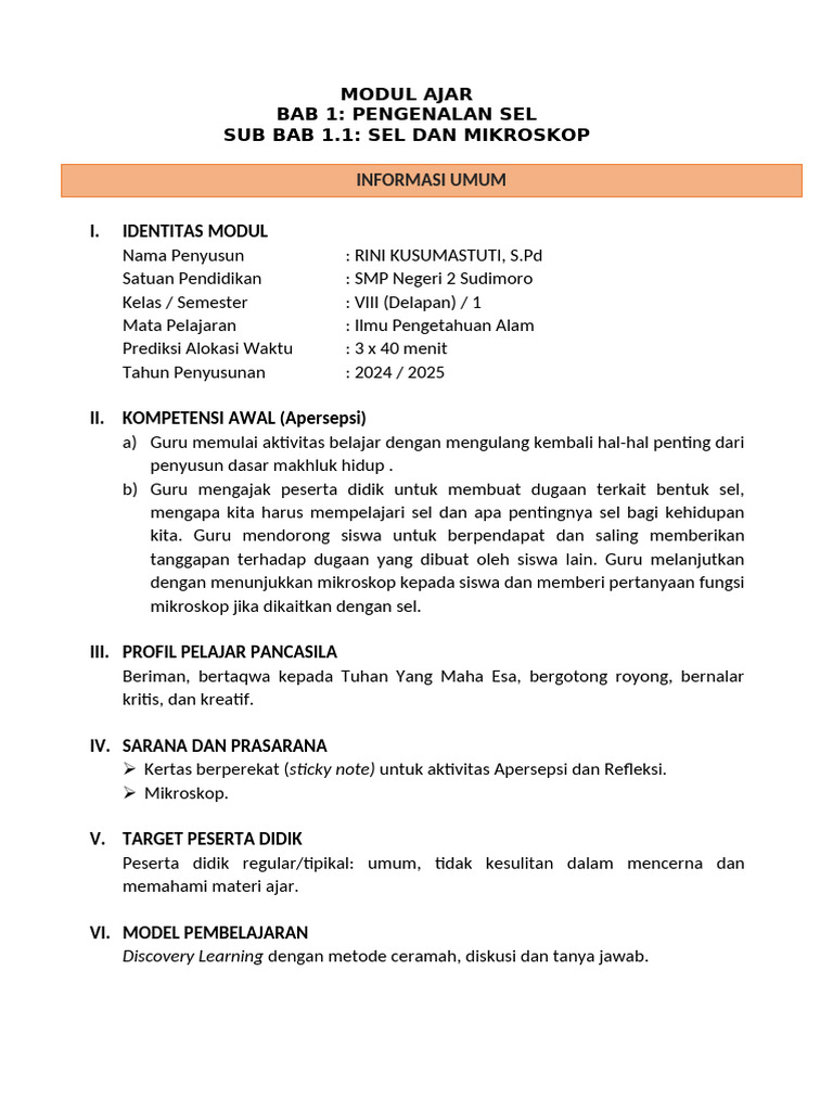 Modul Ajar Sel Dan Mikroskop | PDF