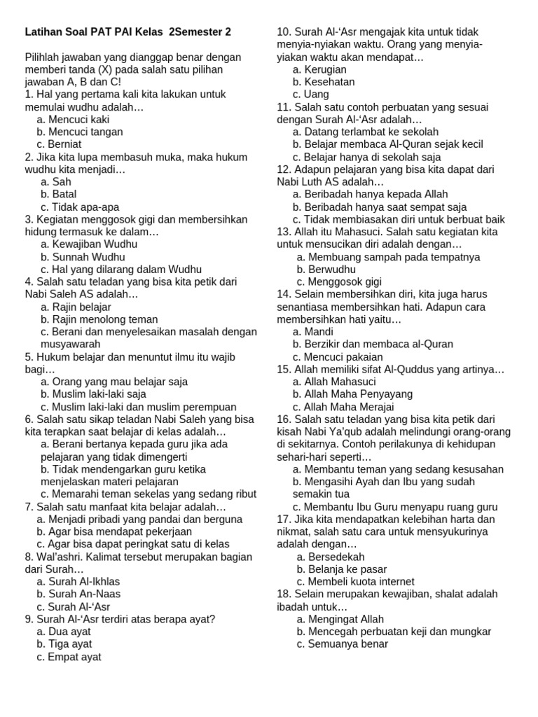 Latihan Soal PAT PAI Kelas 2semester 2 | PDF | Semitic Words And Phrases | Theocracy