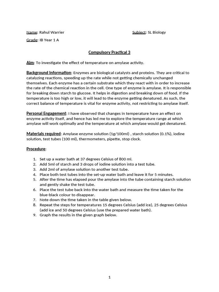 IB Practical 3 Enzyme Activity Temp Amylase | PDF