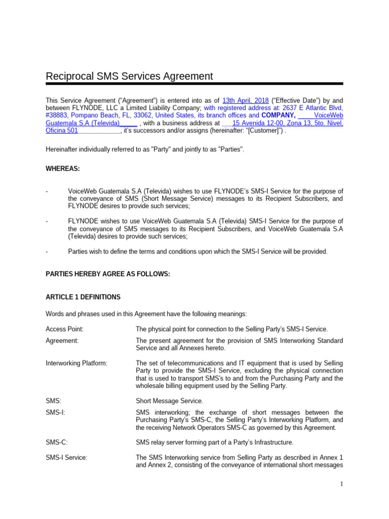 Flynode-Reciprocal SMS Services Agreement 2017 - 30x15days | PDF