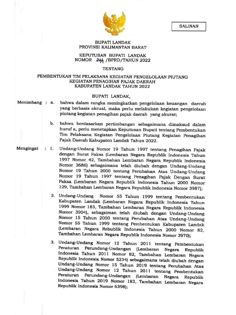 SK Bupati Tentang Pembentukan TIm Pelaksana Kegiatan Pengelolaan Piutang Kegiatan Penagihan ...