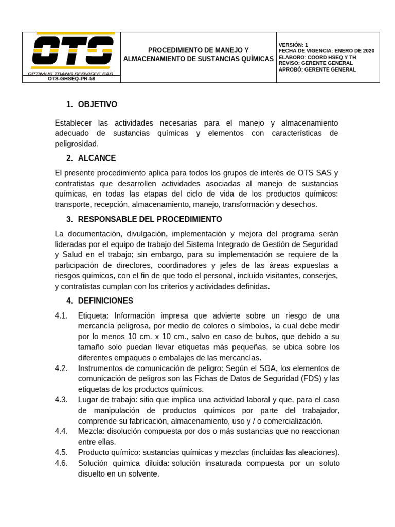 Procedimiento Manejo Sustancias Quimicas | PDF