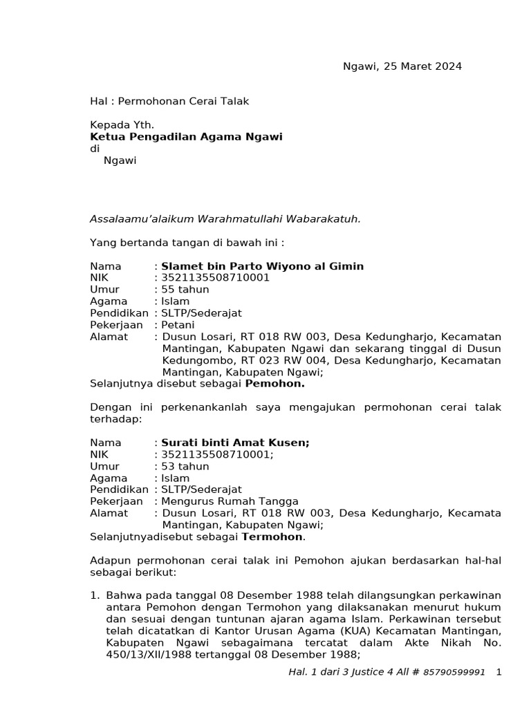 Cerai Talak Slamet Bin Parto Wiyono | PDF