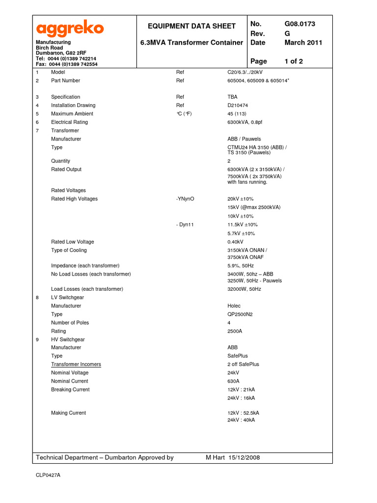 Transformer Data Sheet 6.3MVA | PDF