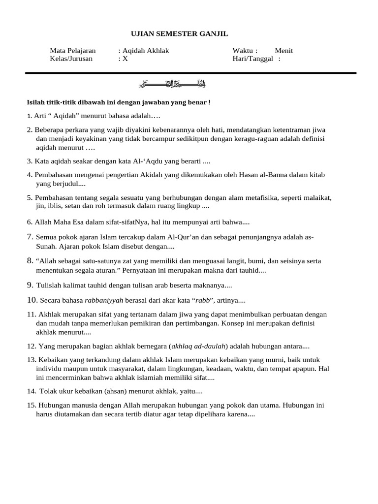 UTS Akidah Kls X SMT 1 Mansapas Uraian New 2019 | PDF