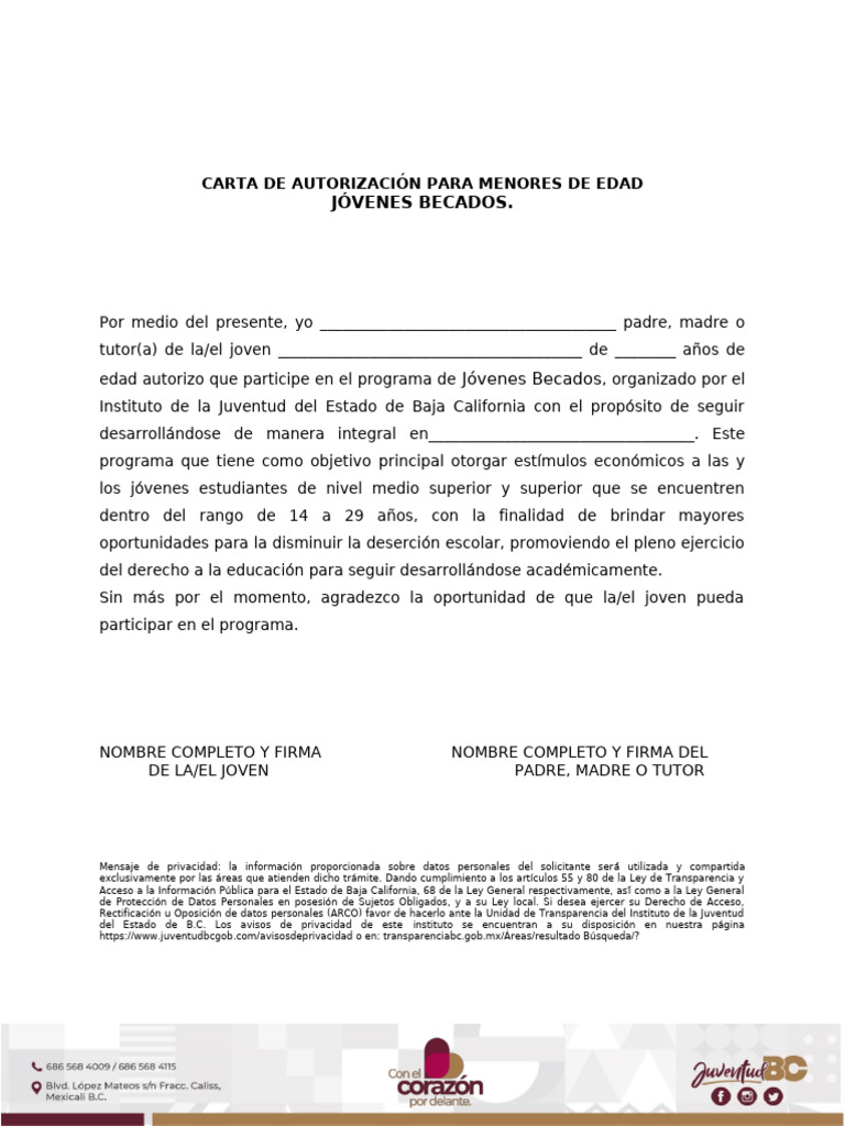 Carta de Autorización para Menores de Edad | PDF