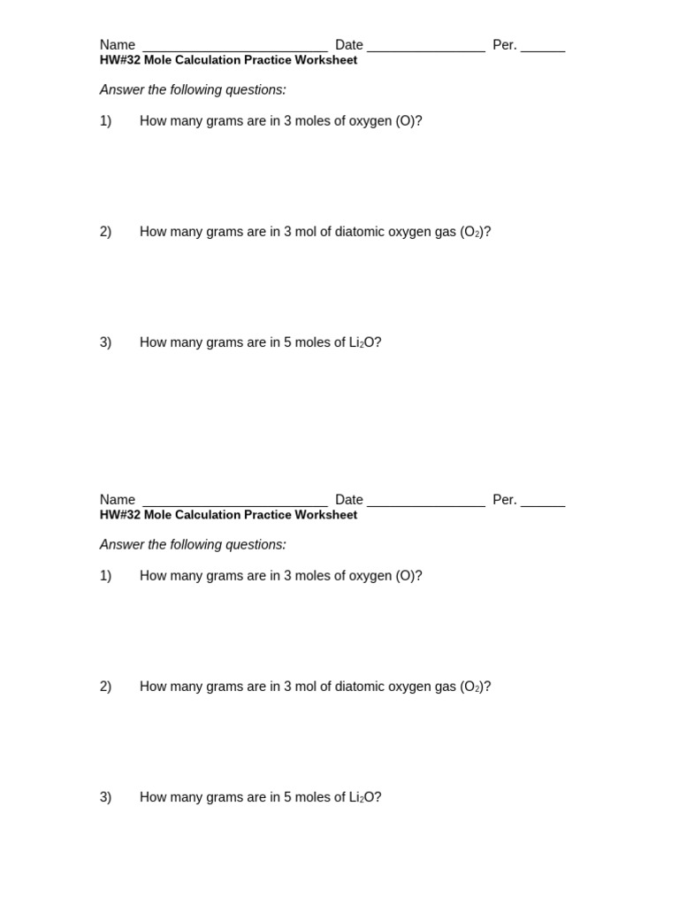 HW 32 Mole Calculation Practice Worksheet 2 | PDF