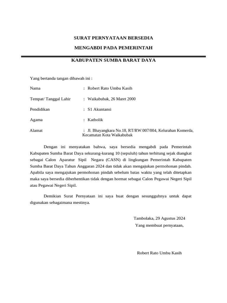 Surat Pernyataan Bersedia Mengabdi | PDF