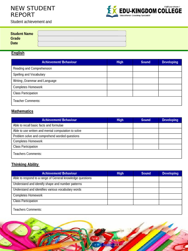 NEW STUDENTS Report (2021 Ver) - PRIMARY | PDF