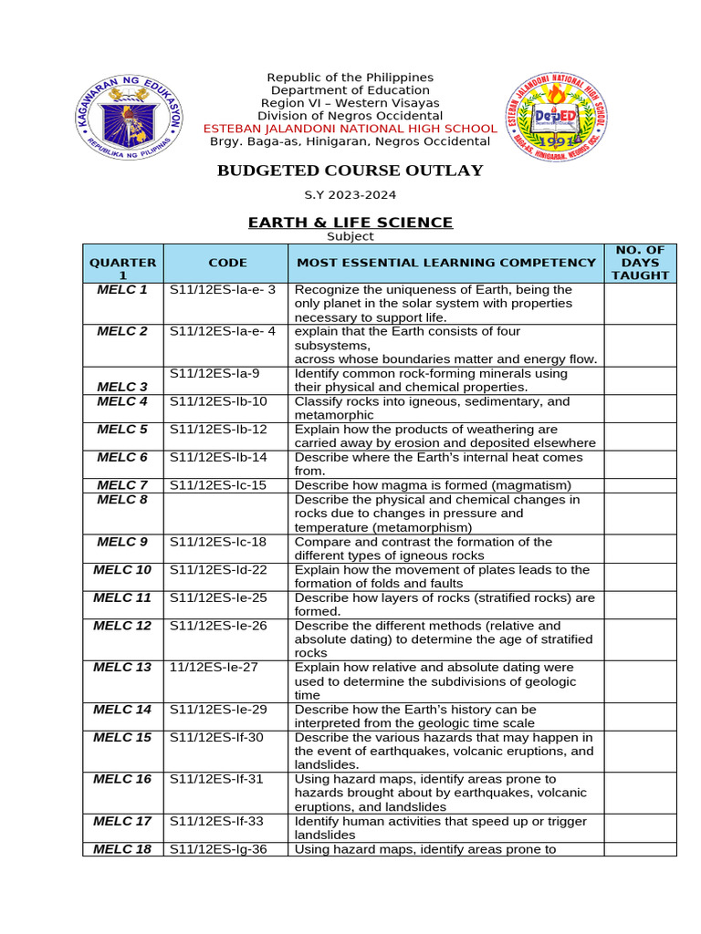 Budgeted Course Outlay: Earth & Life Science | PDF
