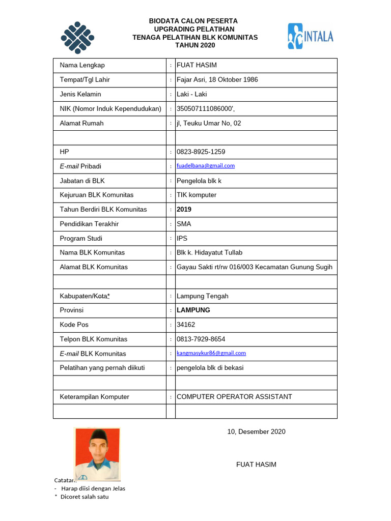 Form Biodata Upgrading Tenaga Pelatihan BLK Komunitas | PDF
