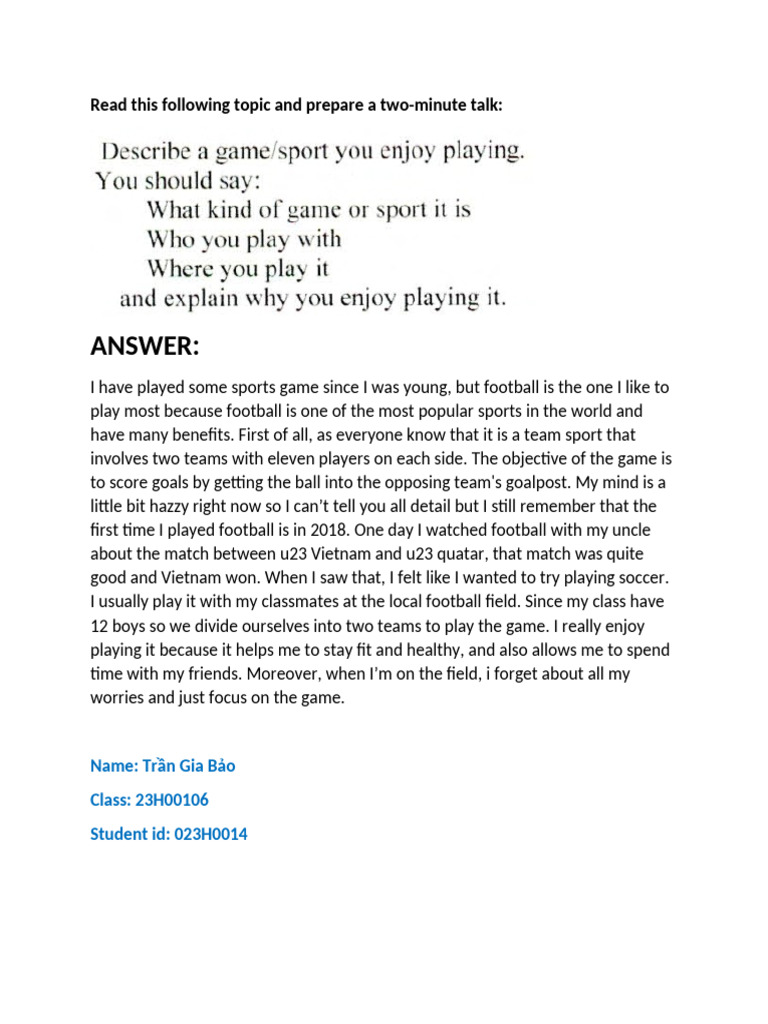 Part 2 - A Game or Sport You Enjoy Playing | PDF
