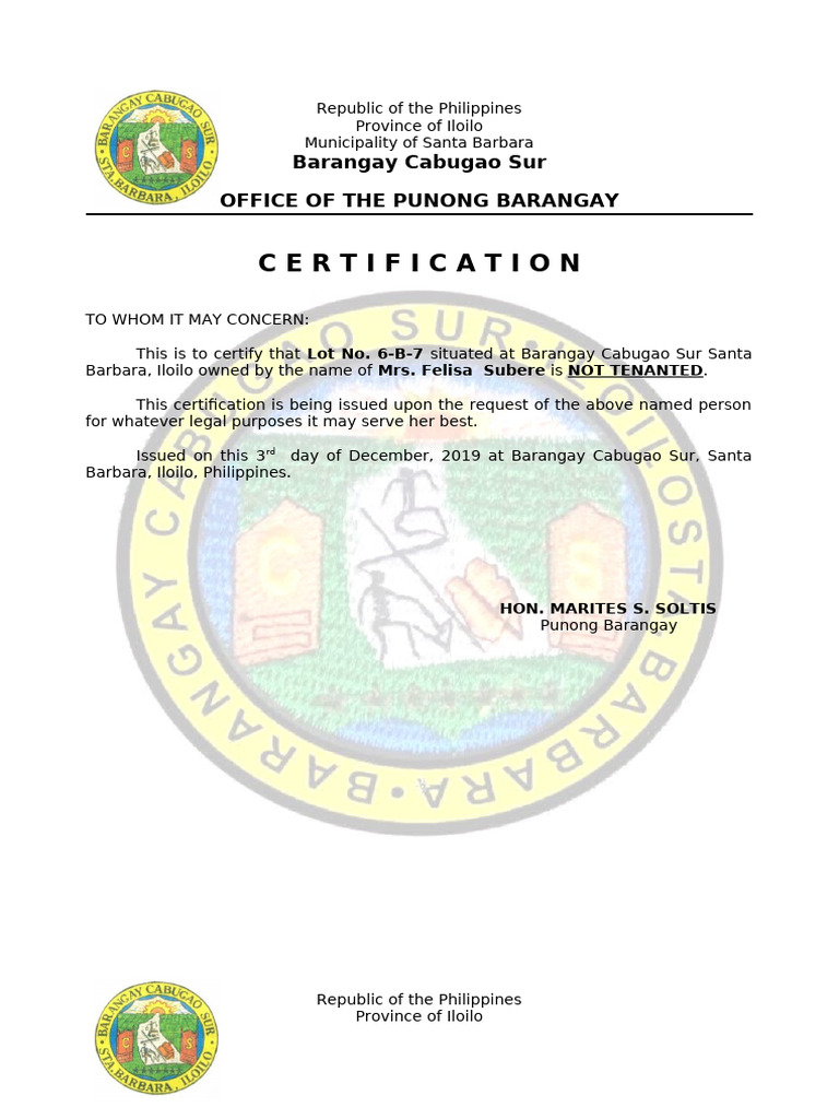 Certification of No Tenancy in Iloilo | PDF