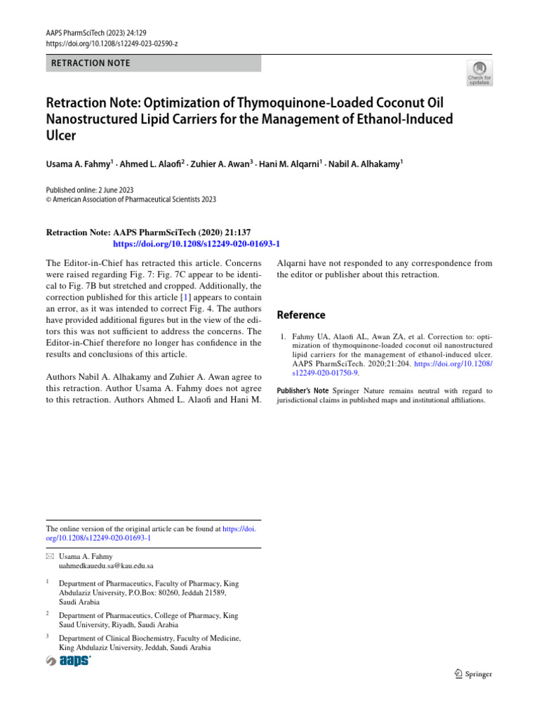 Retraction Note: Optimization of Thymoquinone Loaded Coconut Oil Nanostructured Lipid Carriers ...