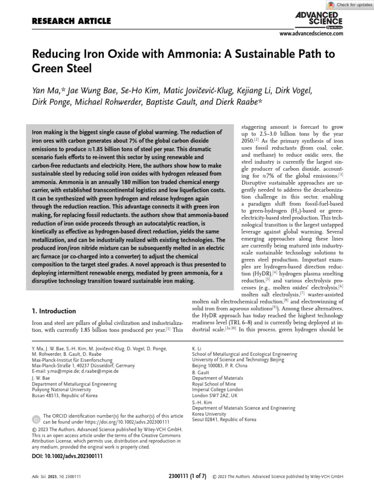 Reducing Iron Oxide With Ammonia A Sustainable Path To Green Steel | PDF