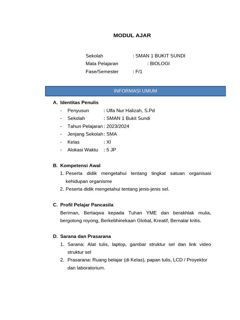Modul Ajar Struktur Sel Fase F | PDF