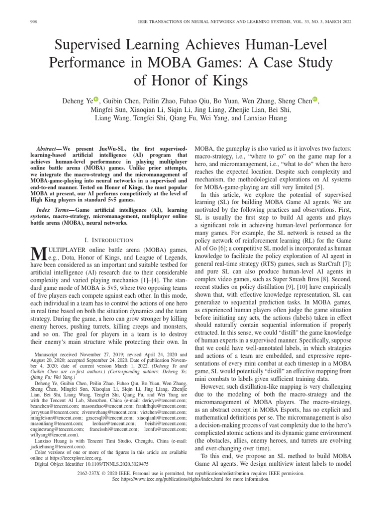 Supervised Learning Achieves Human-Level Performance in MOBA Games - A Case Study of Honor of ...