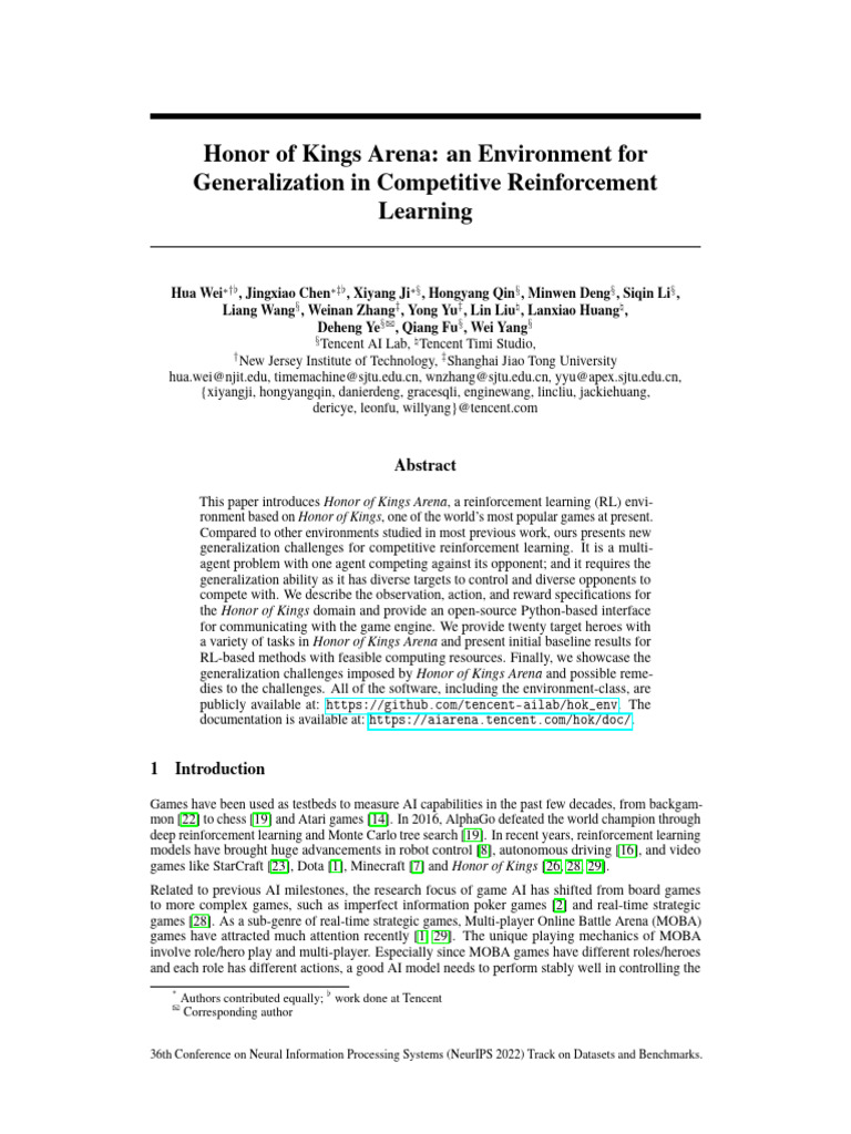 NeurIPS 2022 Honor of Kings Arena An Environment For Generalization in Competitive Reinforcement ...