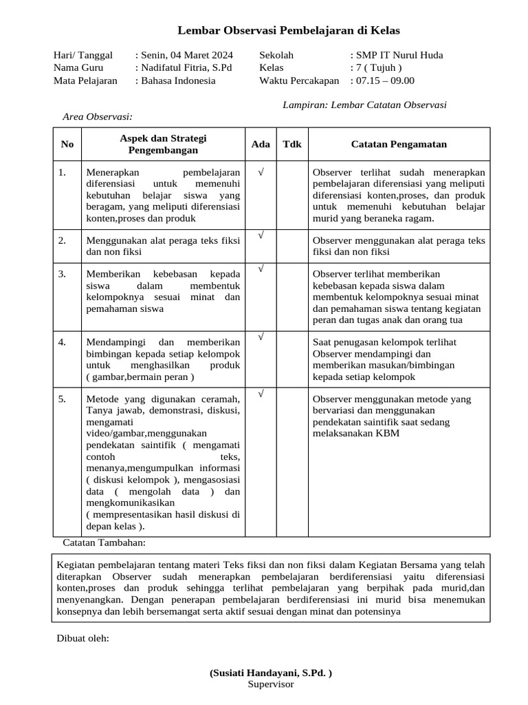 2 - Lembar Observasi Pembelajaran Di Kelas | PDF
