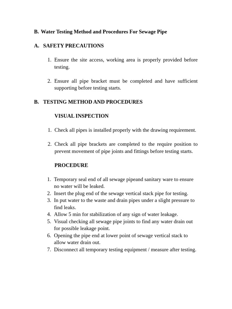 Water Testing Method and Procedures For Sewage Pipe | PDF