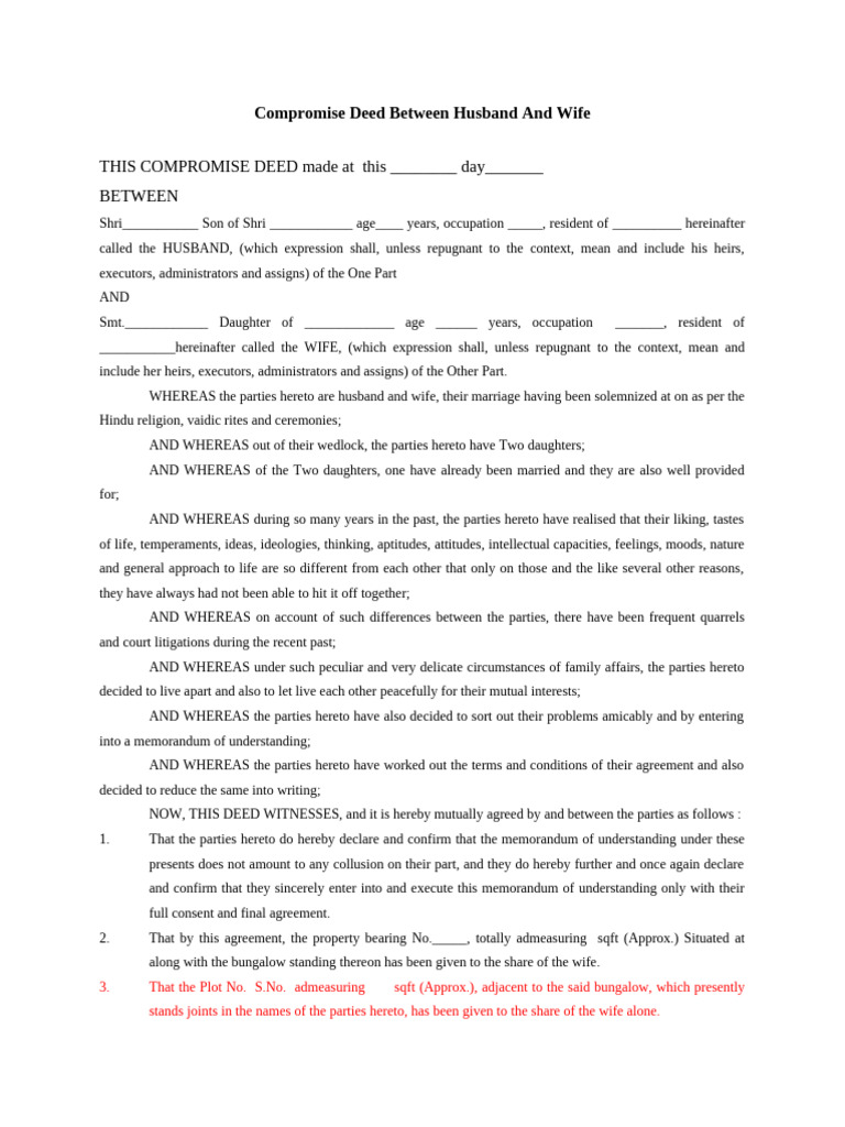 Compromise Deed Between Husband and Wife | PDF | Marriage | Justice