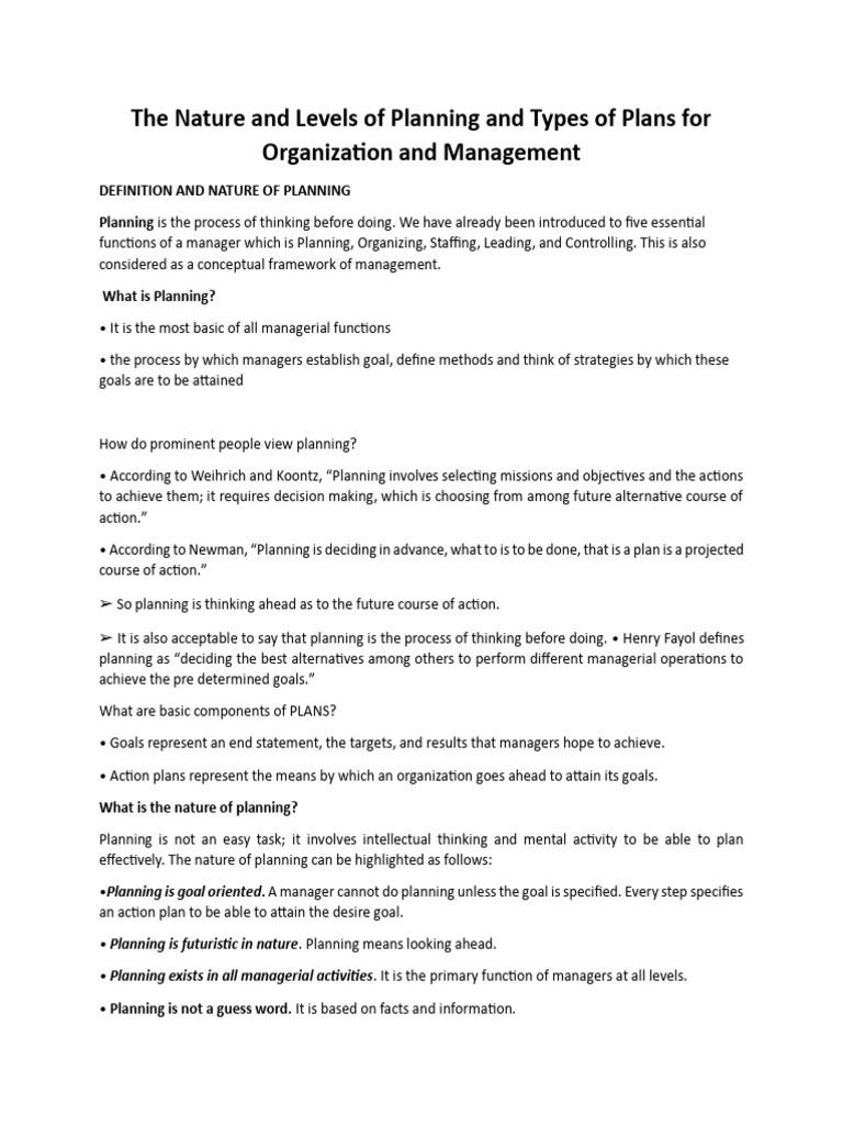 The Nature and Levels of Planning and Types of Plans For Organization ...