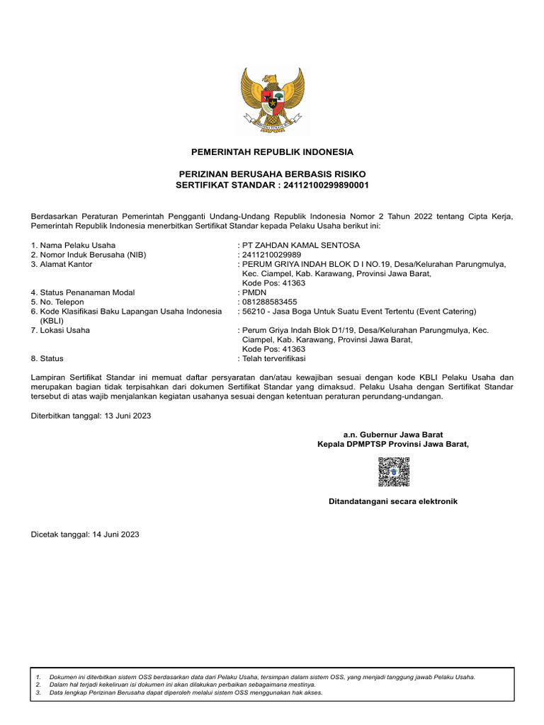 Sertifikat Standar PT ZKS | PDF