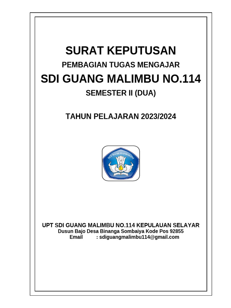 SK Pembagian Tugas Mengajar Semester 2 2023 2024 B-1 | PDF