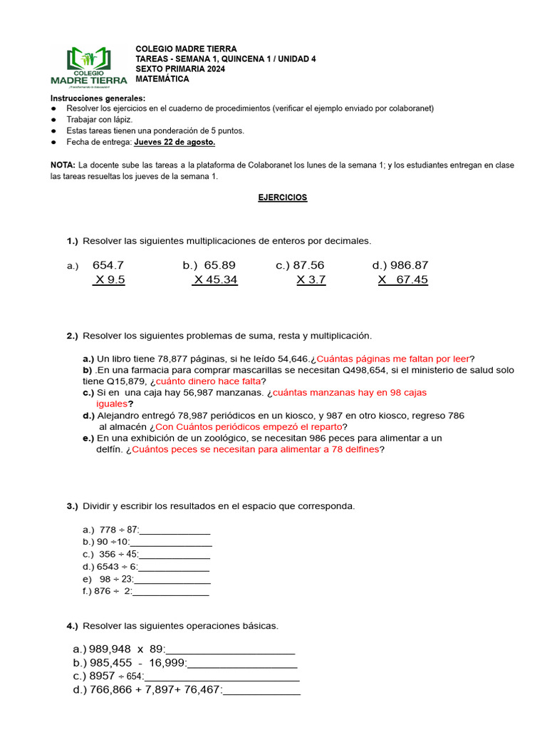 Tareas U4, 6o Prim - Docx - 46FhHP | PDF