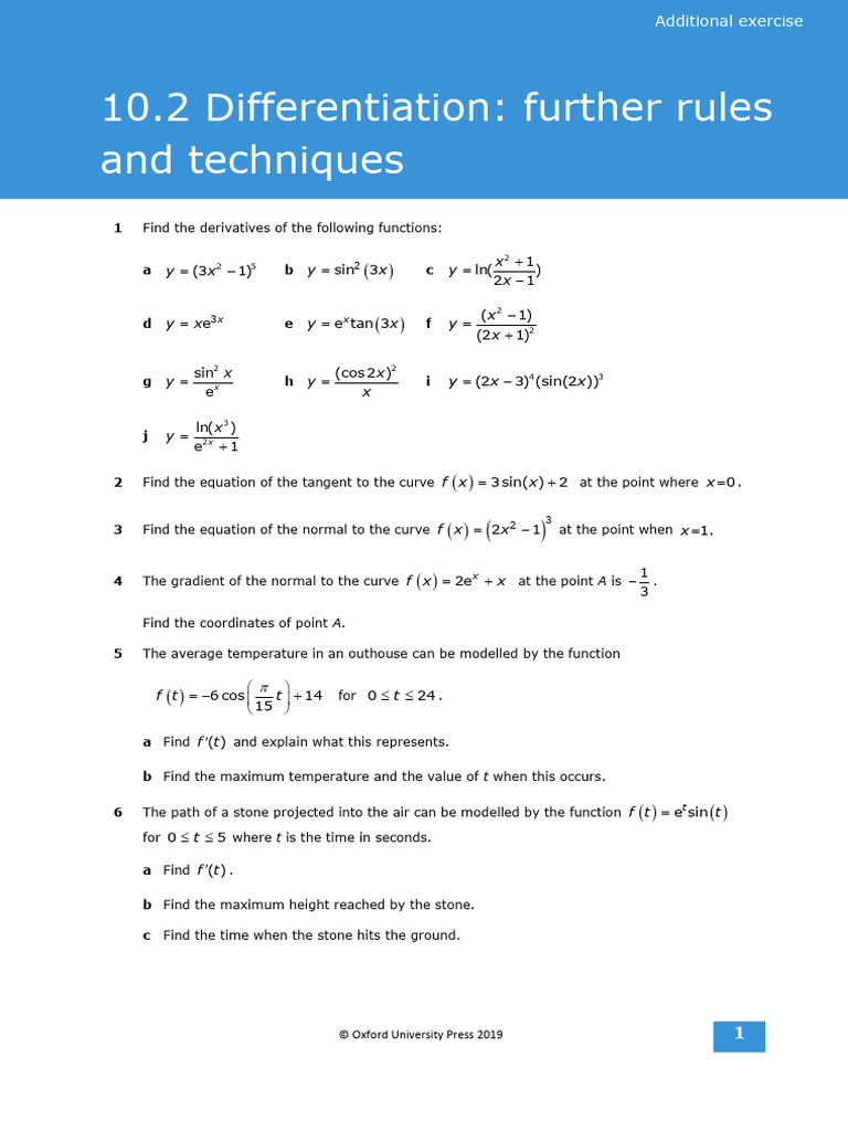 Derivative - Product, Quotient, Chain and Equation of Tangent, Normal | PDF