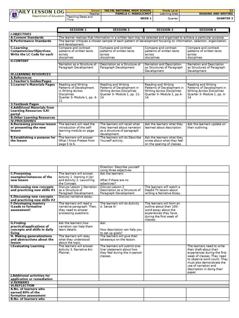 Daily Lesson Log: Department of Education | PDF