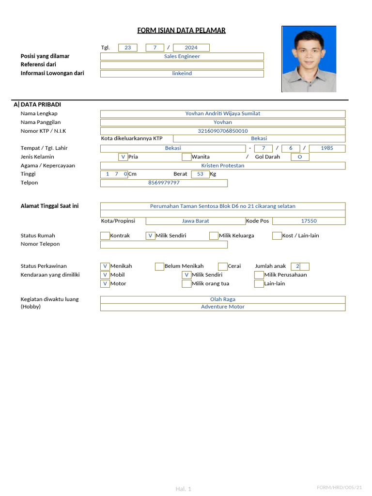 Form Isian Data Pelamar | PDF