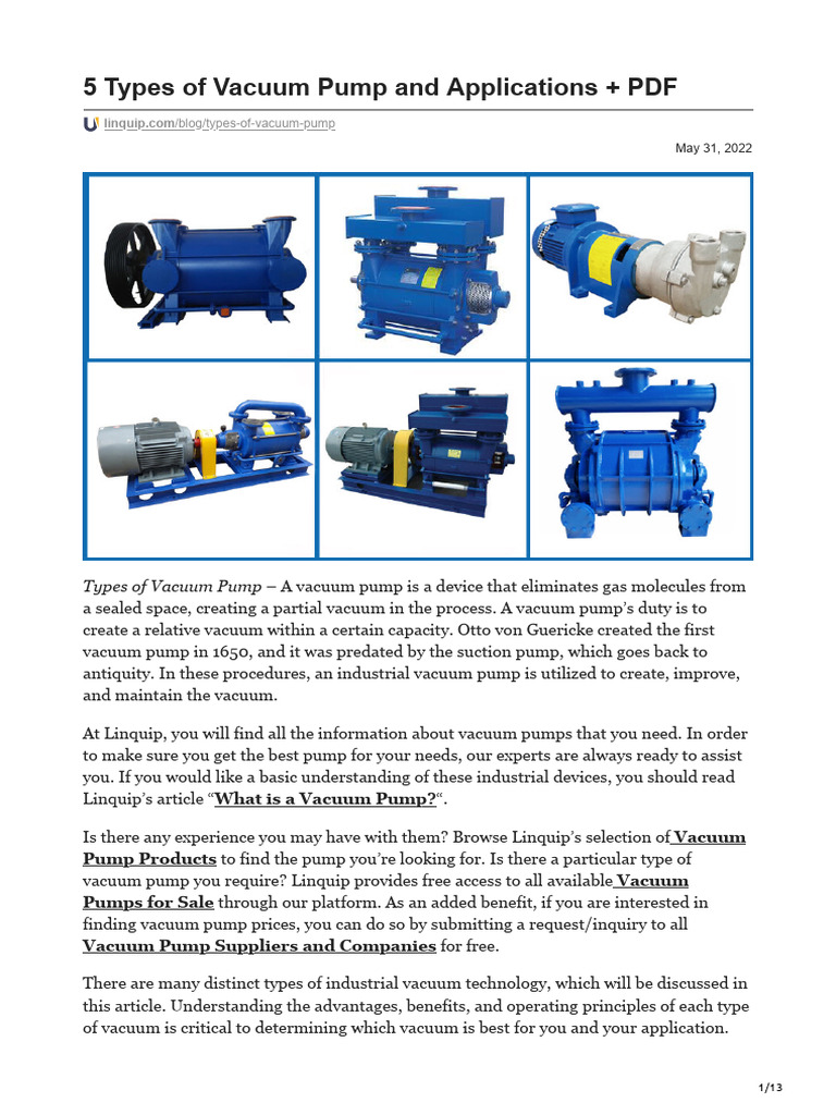 5 Types of Vacuum Pump and Applications PDF | PDF