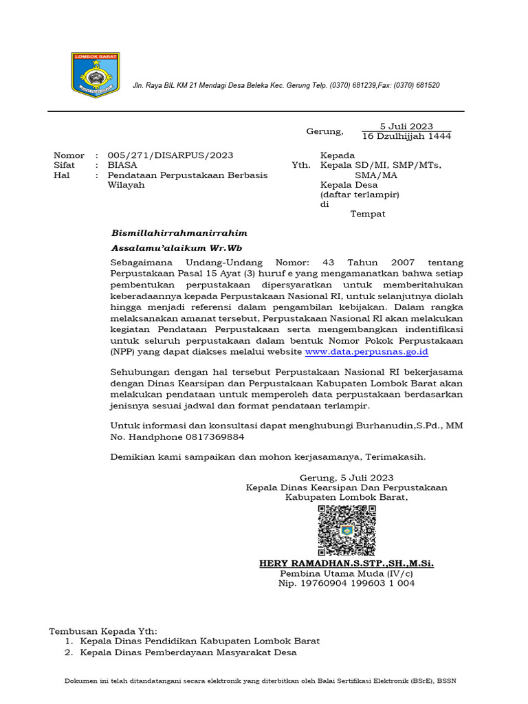 Surat Pendataan Perpustakaan Berbasis Wilayah 2023 Lampiran | PDF Surat Pendataan Perpustakaan Berbasis Wilayah 2023 Lampiran | PDF