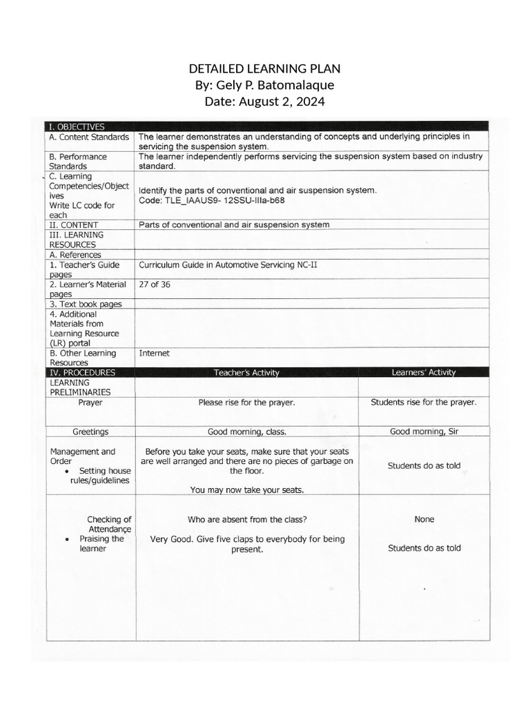 Detailed Learning Plan | PDF