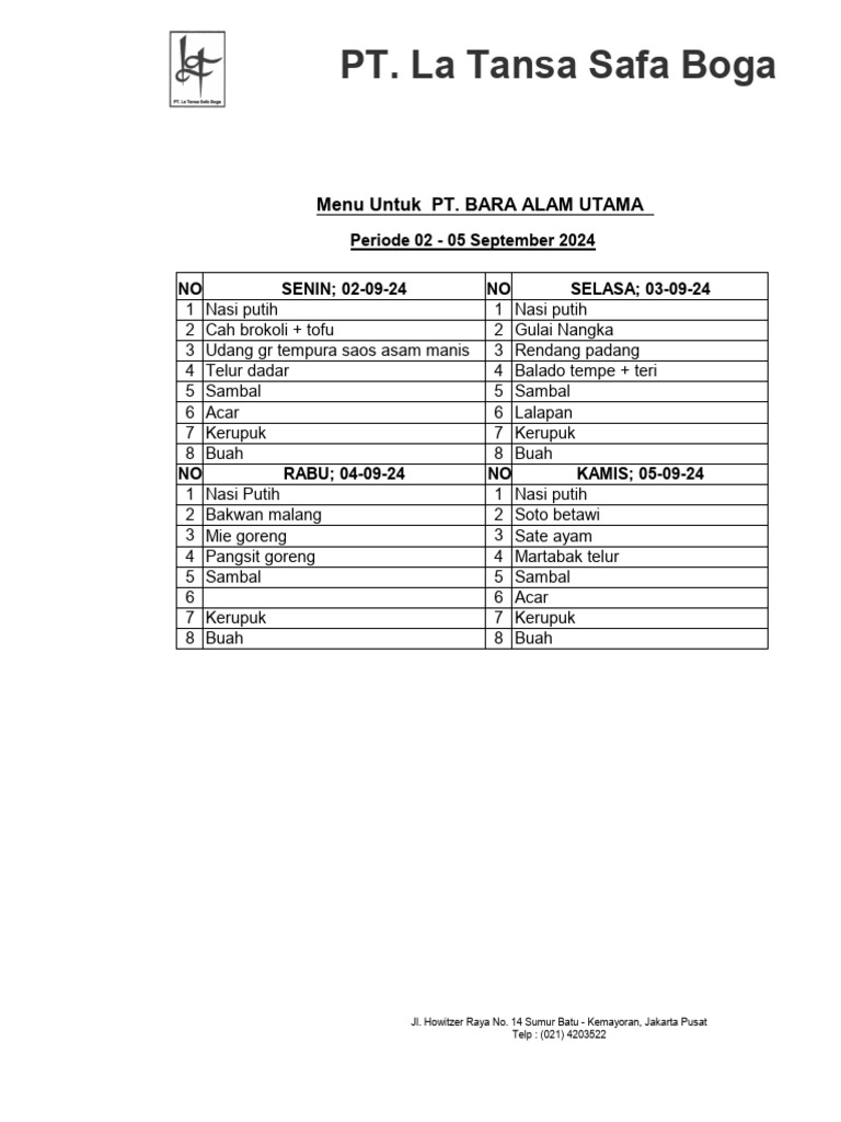 Menu PT. Bara Alam Utama 2-5 Sept 2024 | PDF