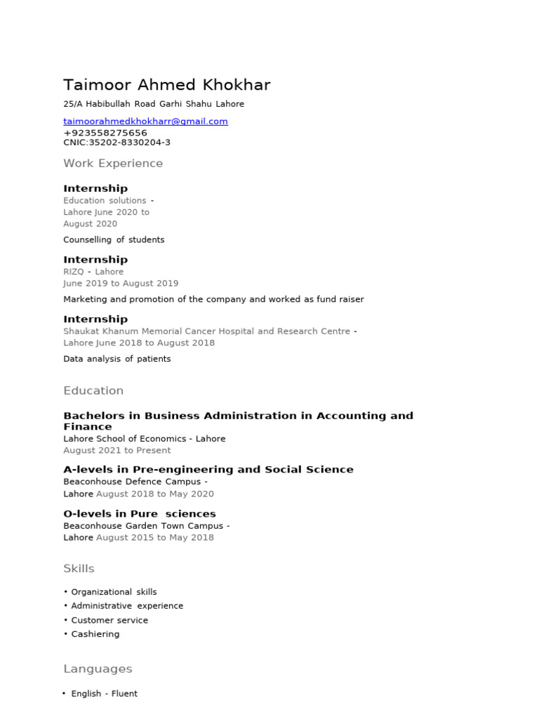 Taimoor Ahmed Khokhar CV Updated | PDF