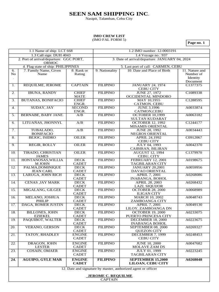Aguipo Crewlist Jan August | PDF | Philippines | Shipping