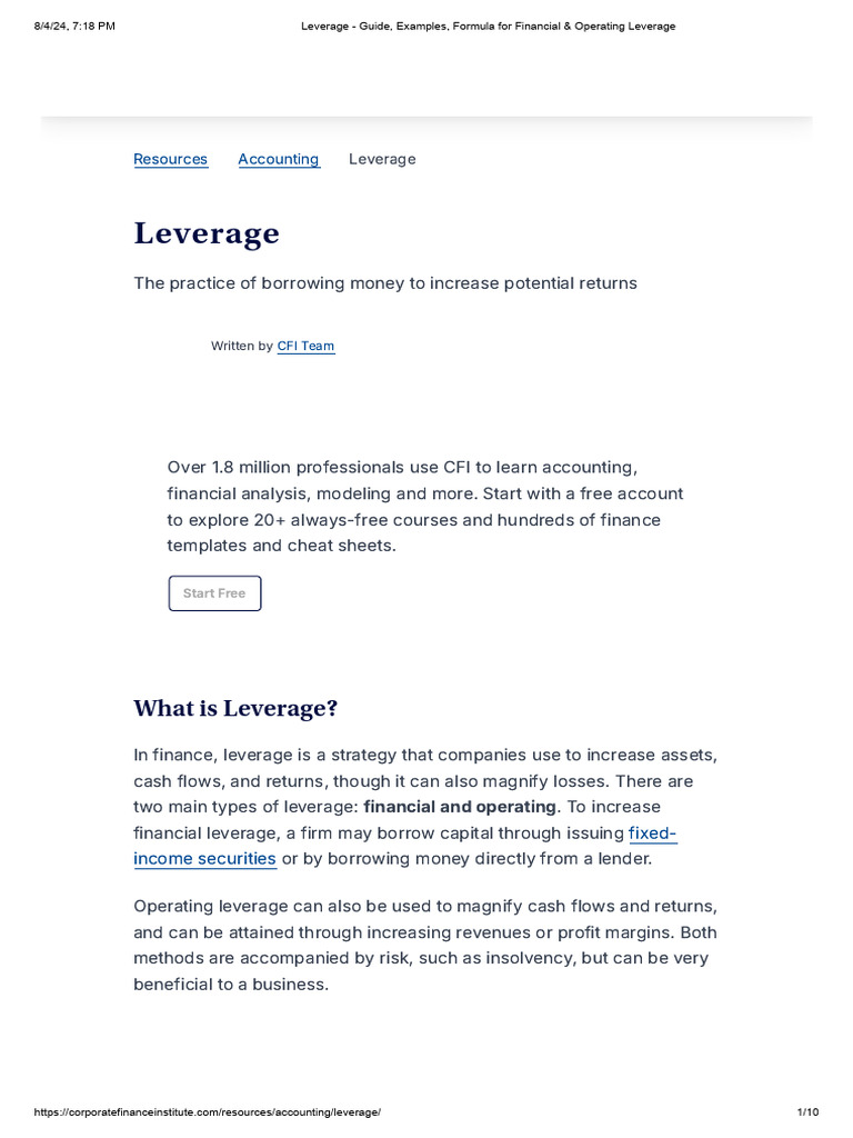 Leverage - Guide, Examples, Formula For Financial & Operating Leverage | PDF