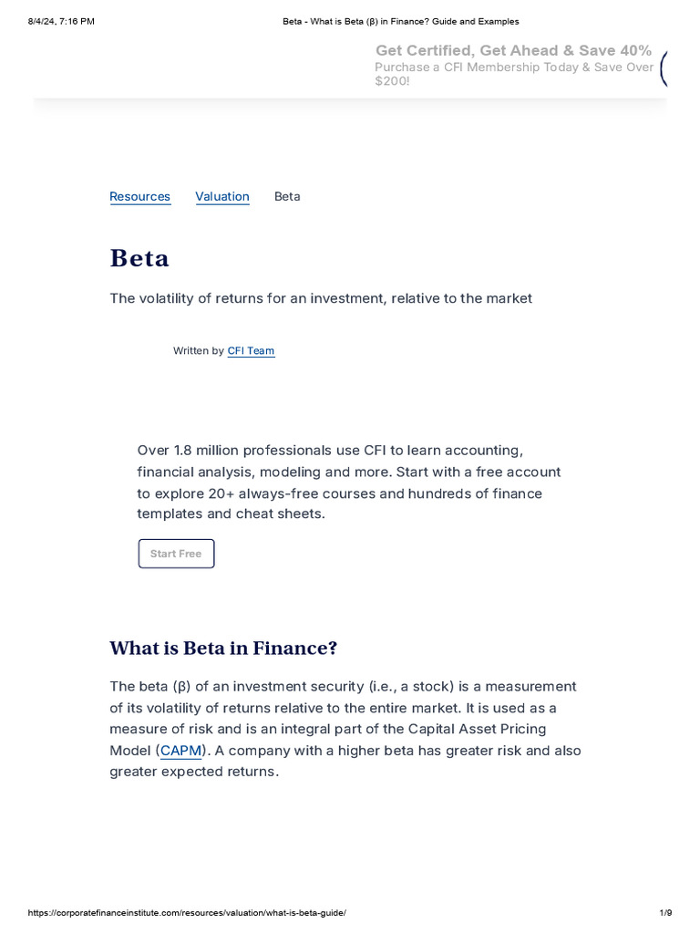 Beta - What is Beta (β) in Finance - Guide and Examples | PDF