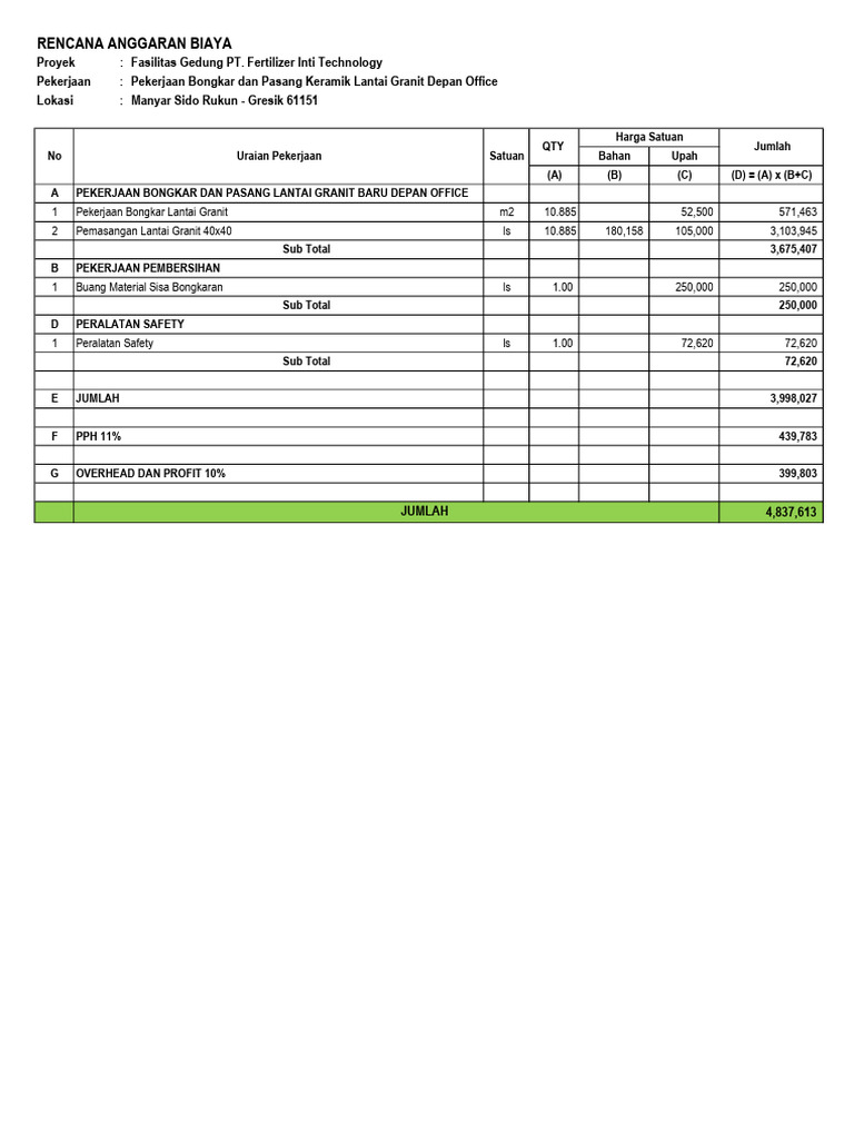 RAB Bongkar Dan Pasang Lantai Granit Depan Office (15-07-2023) | PDF