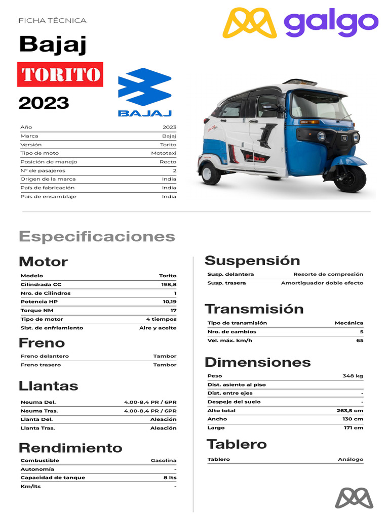 Ficha T Cnica Ssenda Bajaj Torito Galgo Per | PDF