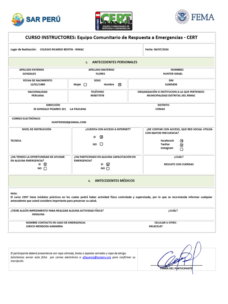 Ficha de Inscripción Cert Instructores Hunter | PDF
