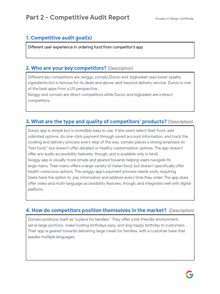 Google UX Design Certificate - Competitive Audit Report (Template) | PDF